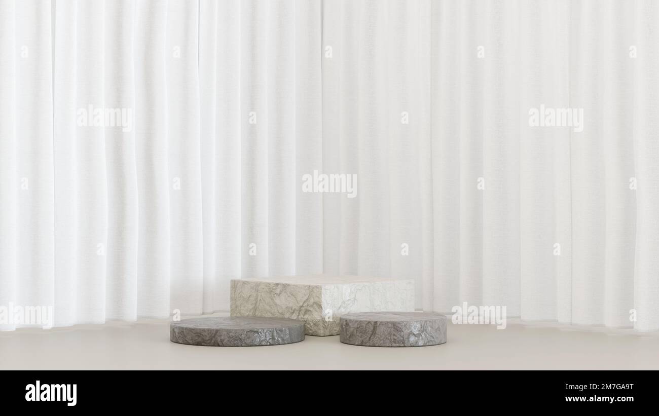 3D rendering Stone Stand With White Curtain Background, White Curtain Backdrop Stock Photo - Alamy