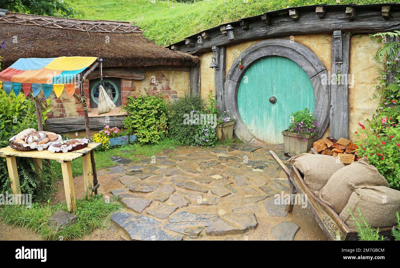 Hobbit house with bread stand - Matamata, New Zealand Stock Photo - Alamy