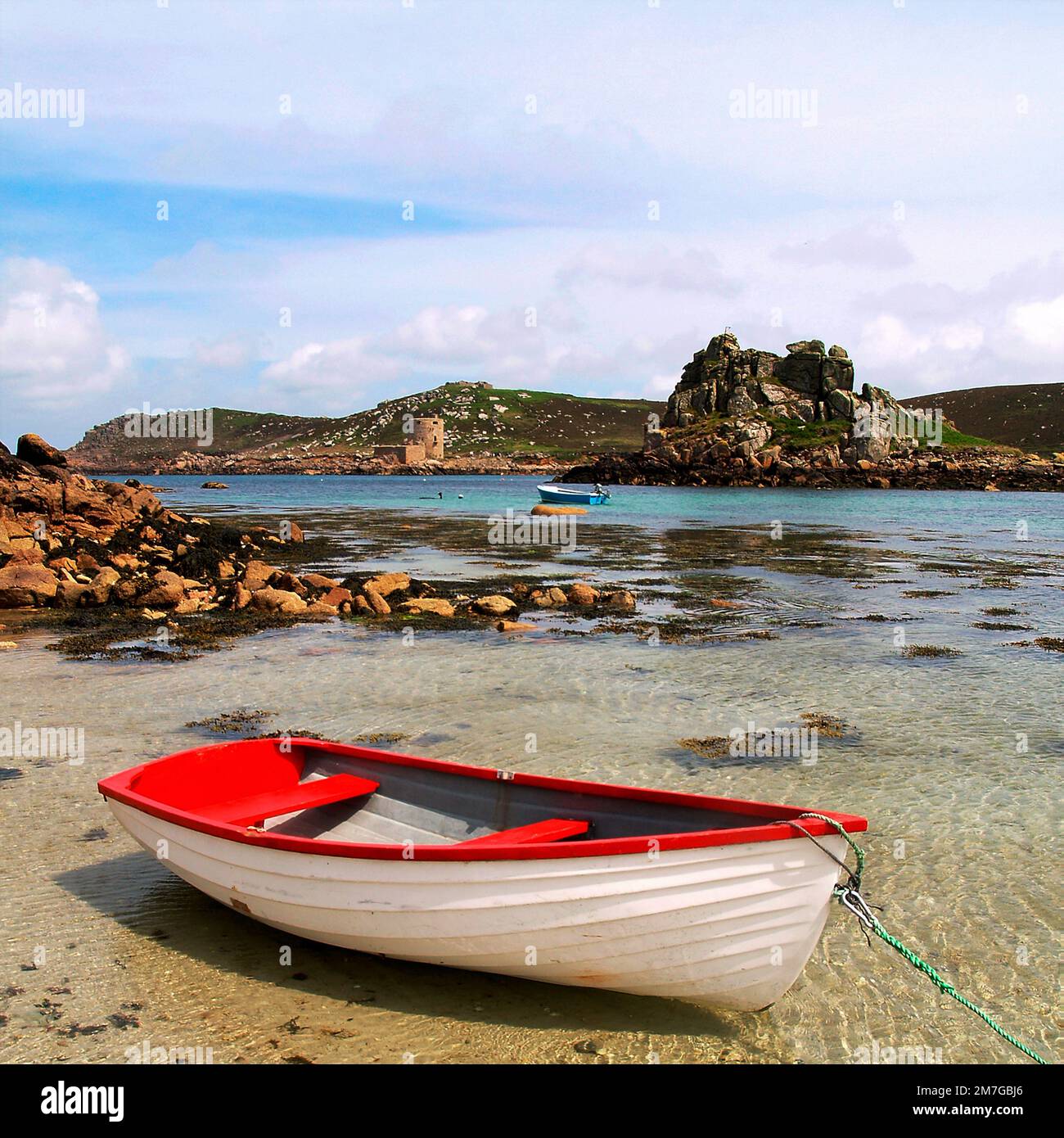 Tranquil scene of Hangman Island from a sandy beach with a tethered ...