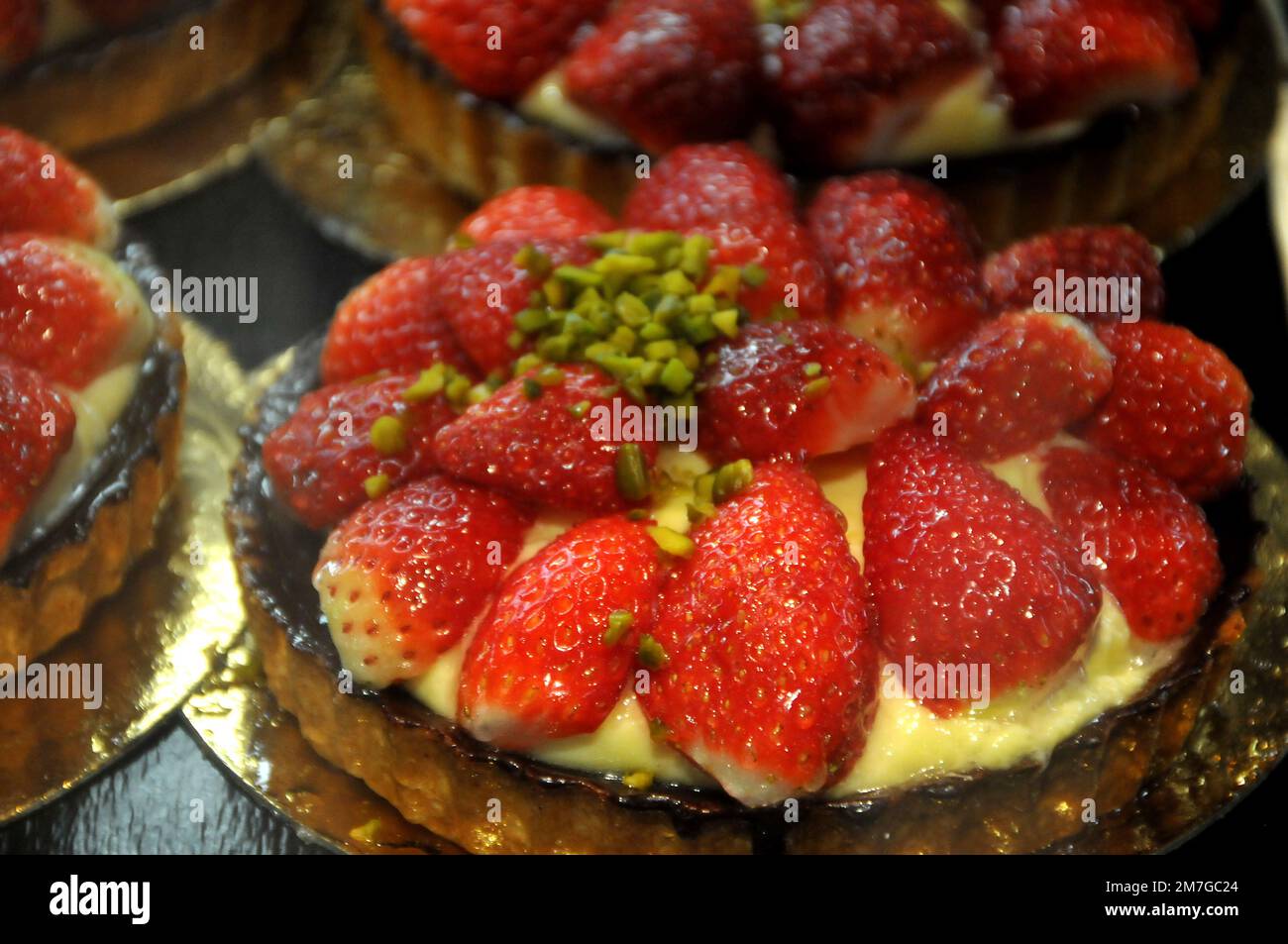Copenhagen/Denmark/09 January 2023/ Strawberris cakes at baker shop in ...