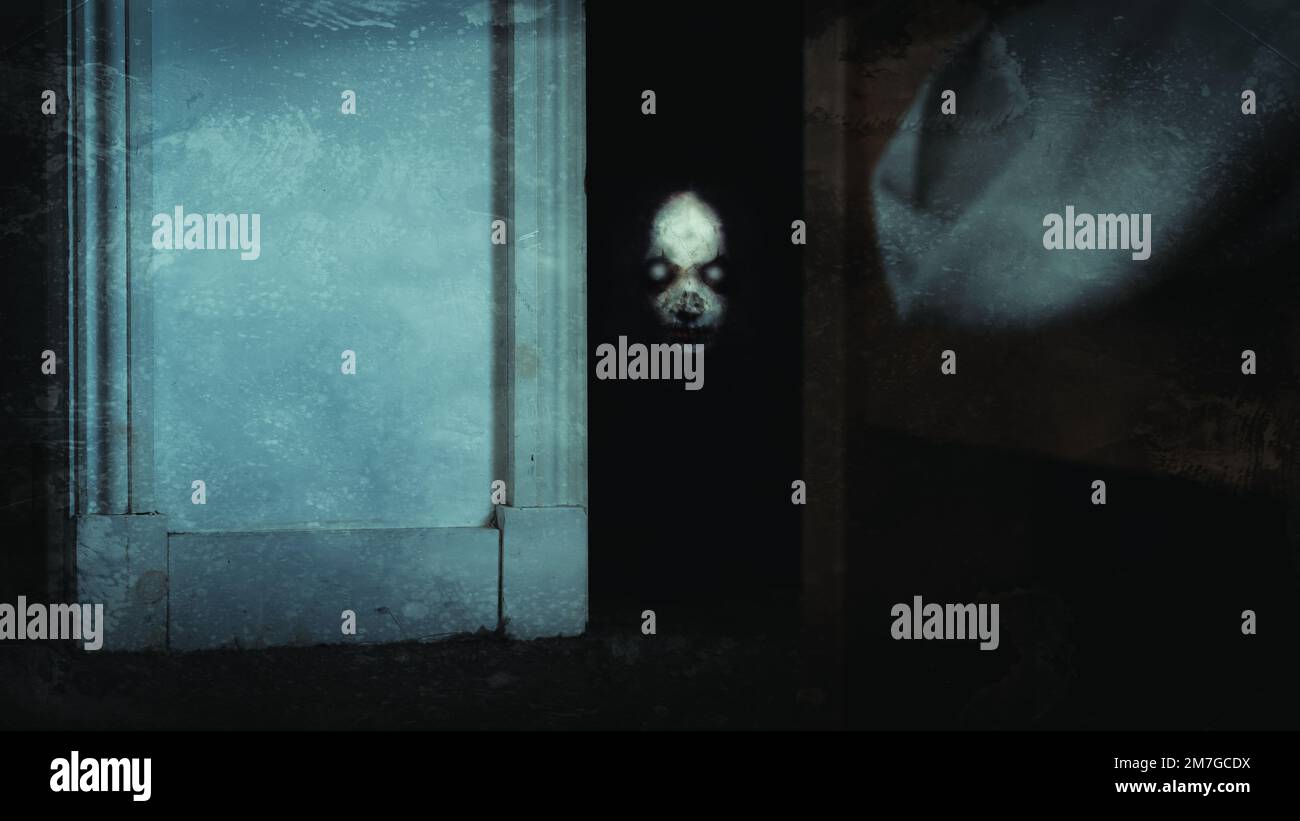 A horror concept of a demon with glowing eyes. Looking out from a ...