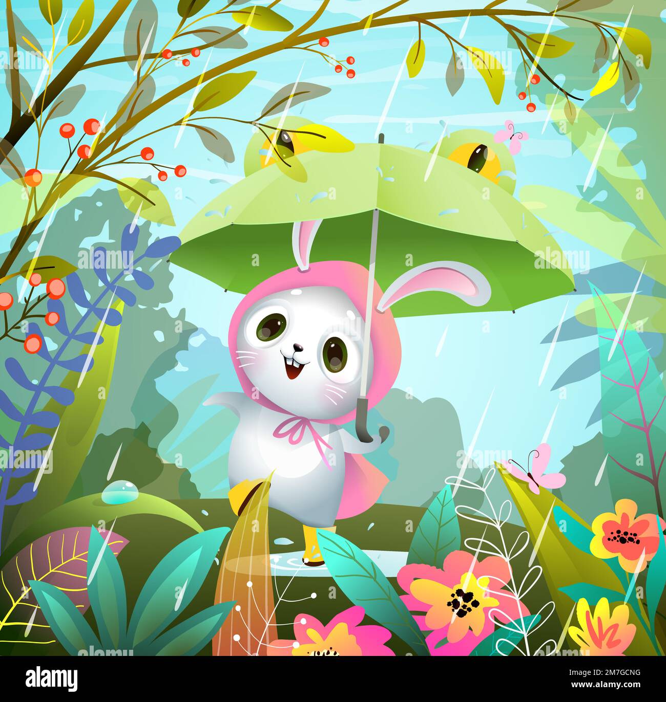 Rabbit Or Bunny With Umbrella Under Rain In Forest Stock Vector Image And Art Alamy