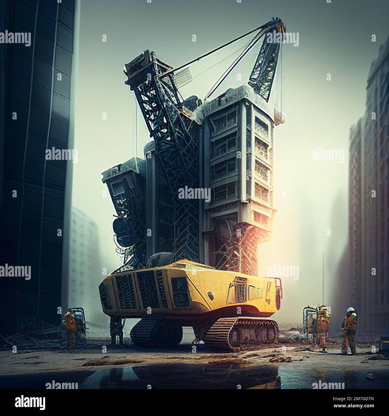 modern crane at a construction skyscraper building futuristic Stock ...