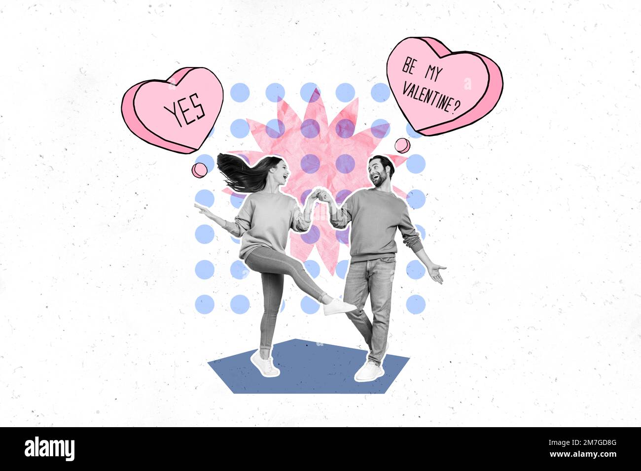 Creative photo collage artwork painting of happy couple celebrating 14 ...