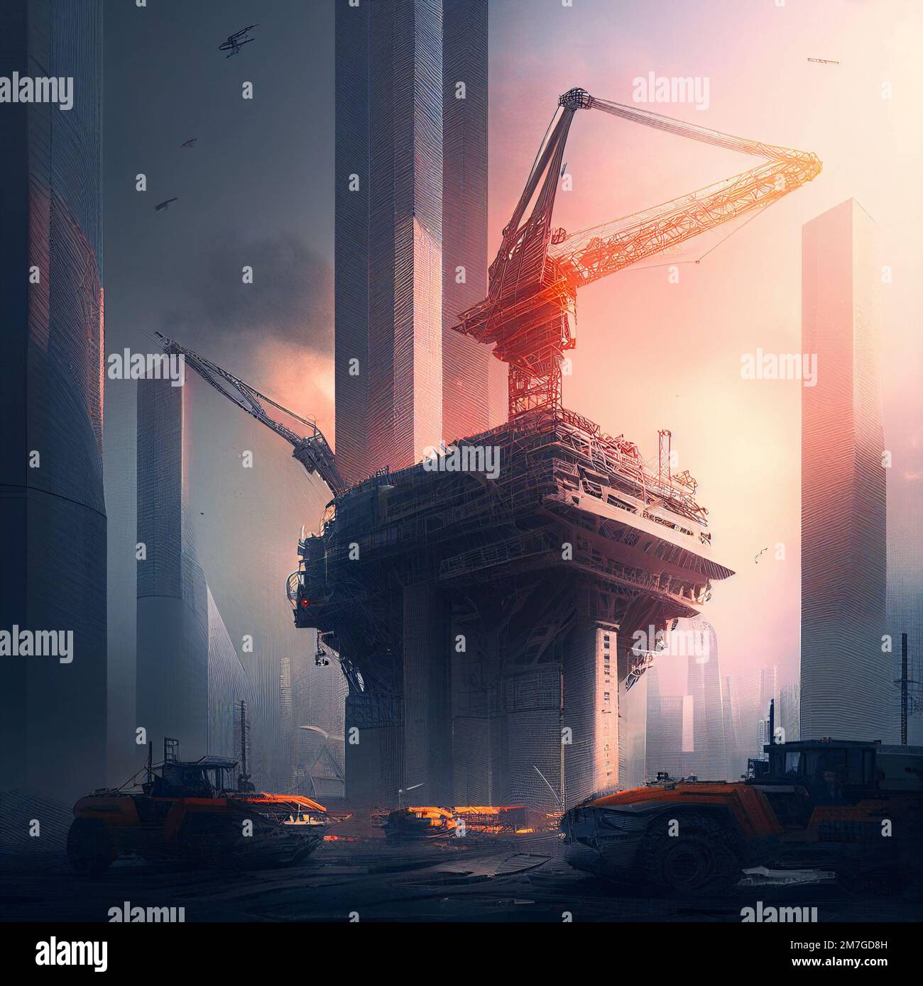 modern crane at a construction skyscraper building futuristic Stock ...