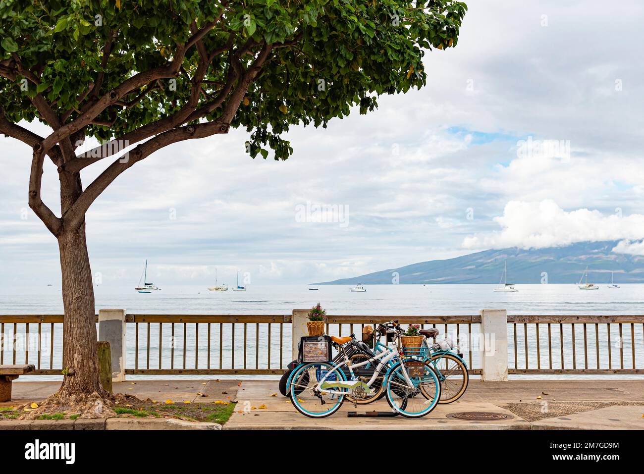 Lahaina waterfront on a cloudy day. Lahaina is located on the west ...