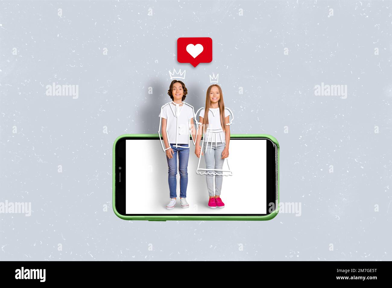 Creative photo collage of two young lovely school children boyfriend ...