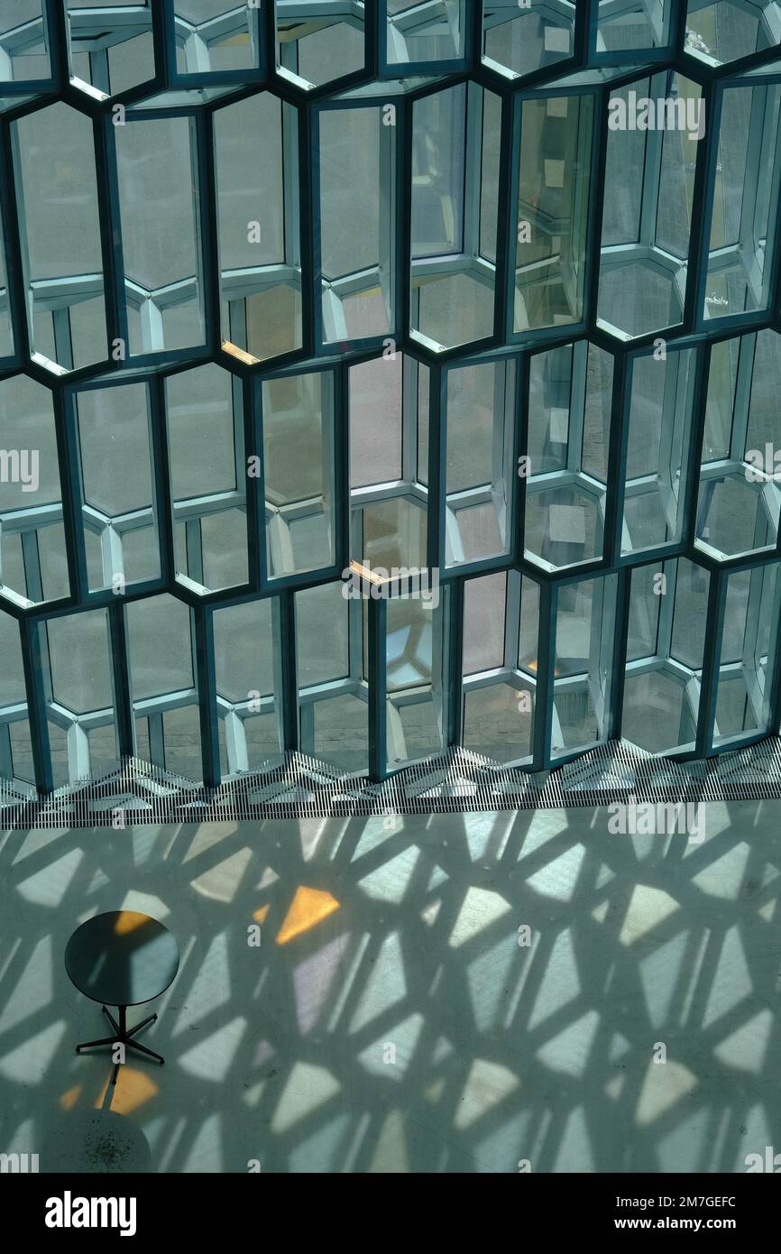 A closeup view of an abstract window of Harpan concert hall in ...