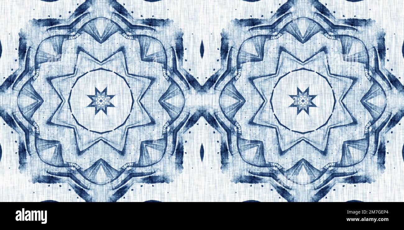 Indigo dye wash coastal damask seamless border pattern. Washed out ...