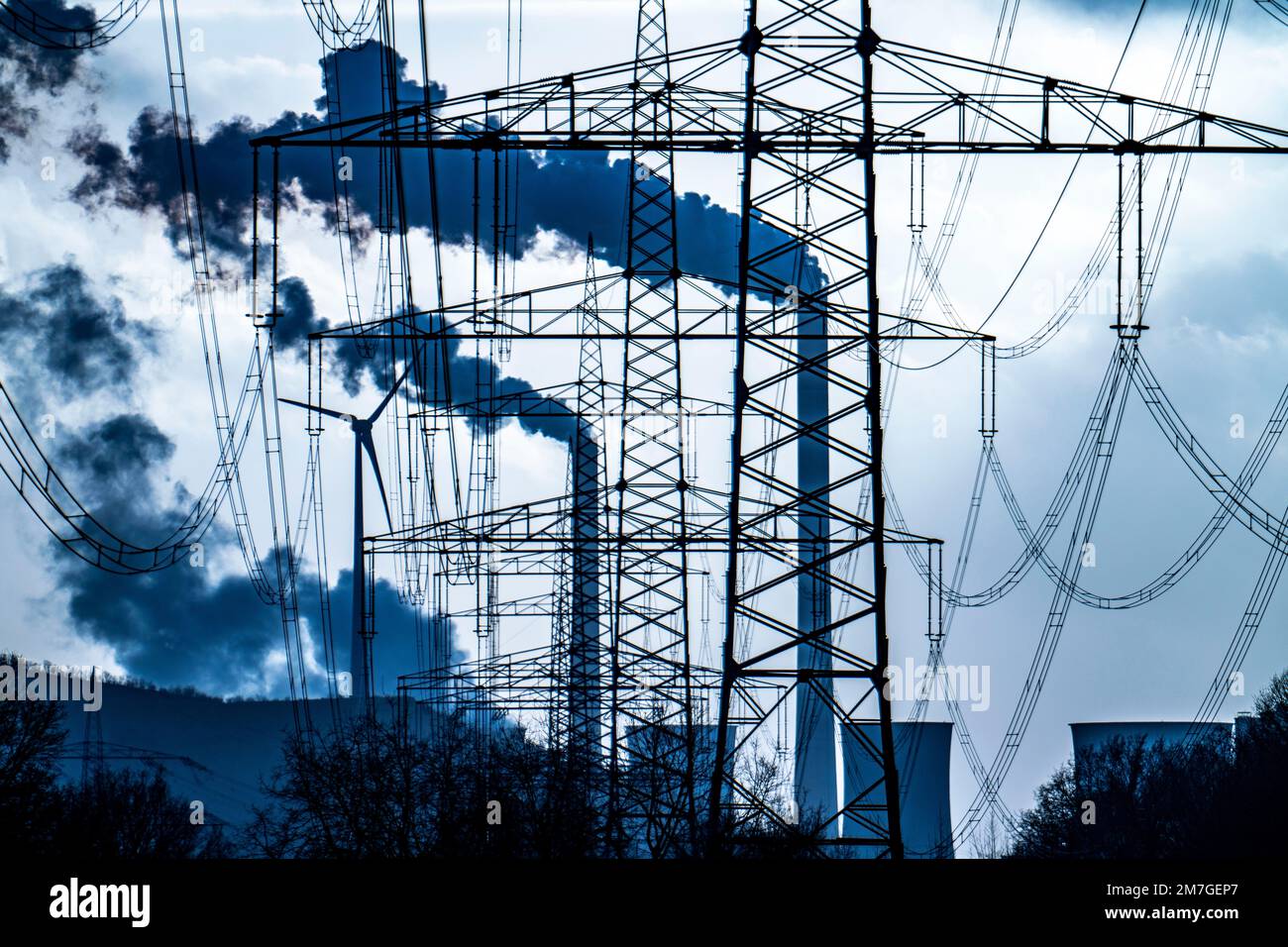 High-voltage power lines, overhead line pylons, UNIPER Scholven coal ...