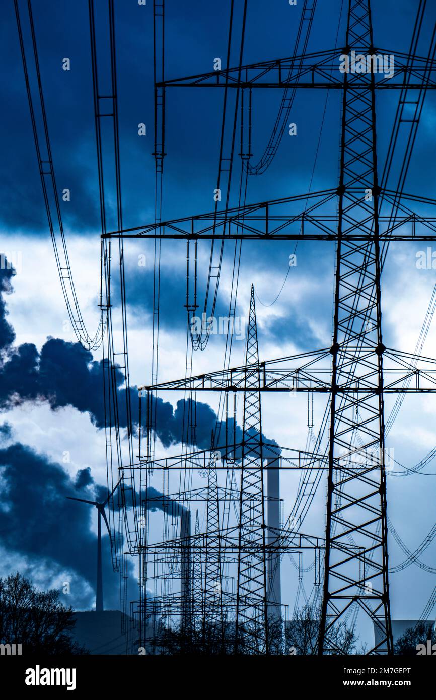 High-voltage power lines, overhead line pylons, UNIPER Scholven coal ...