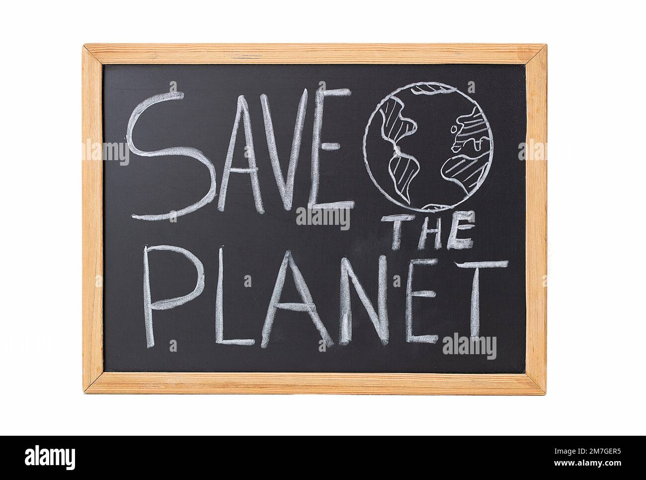 Closeup shot of a blackboard sign that says SAVE THE PLANET with white ...