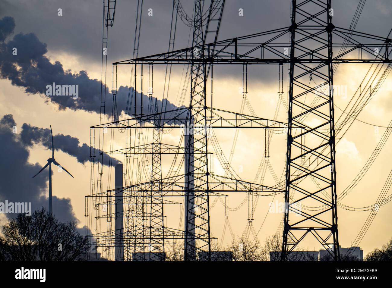 High-voltage power lines, overhead line pylons, UNIPER Scholven coal ...