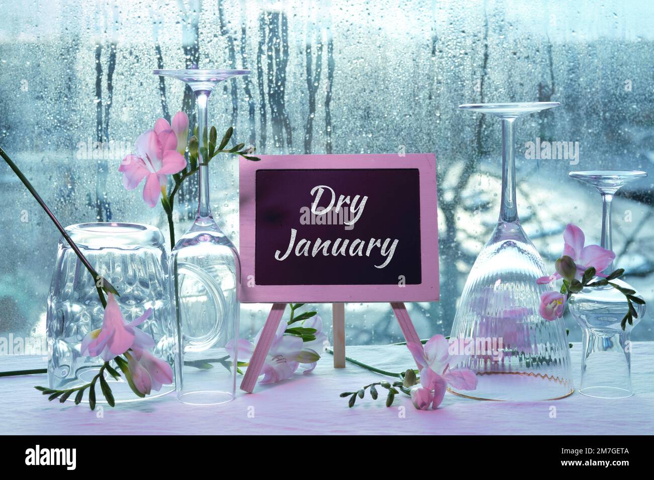 Dry January, month without alcohol. Text Dry January on blackboard ...