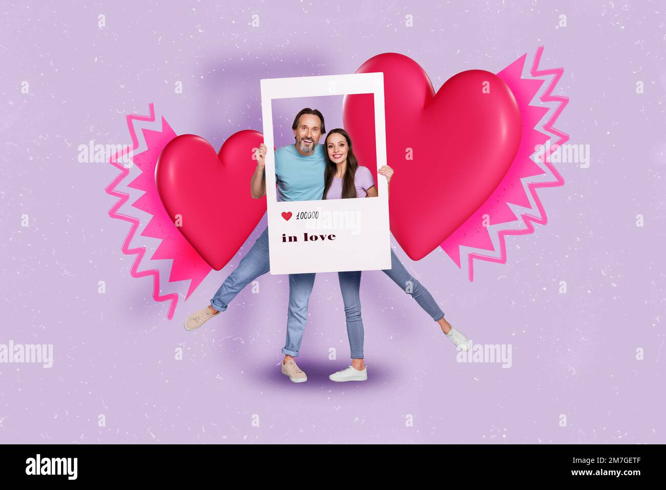 Creative photo collage of two people together hold paper frame shooting ...