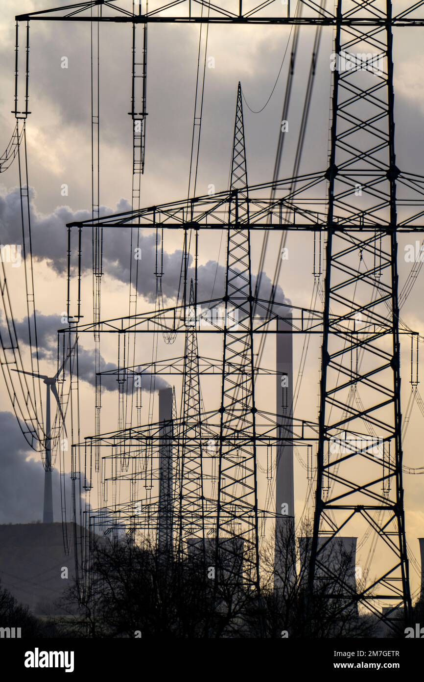 High-voltage power lines, overhead line pylons, UNIPER Scholven coal ...