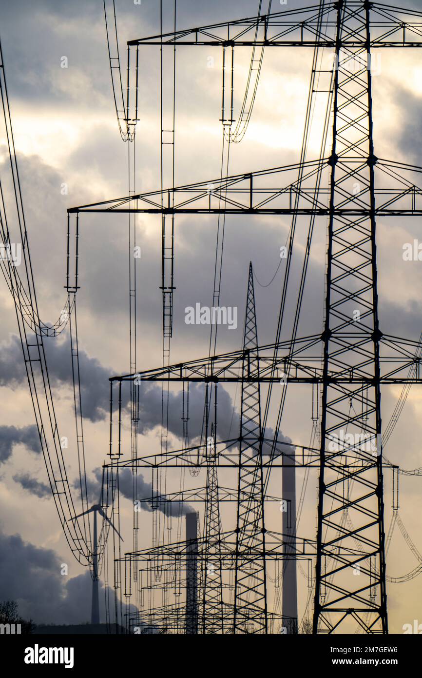 High-voltage power lines, overhead line pylons, UNIPER Scholven coal ...