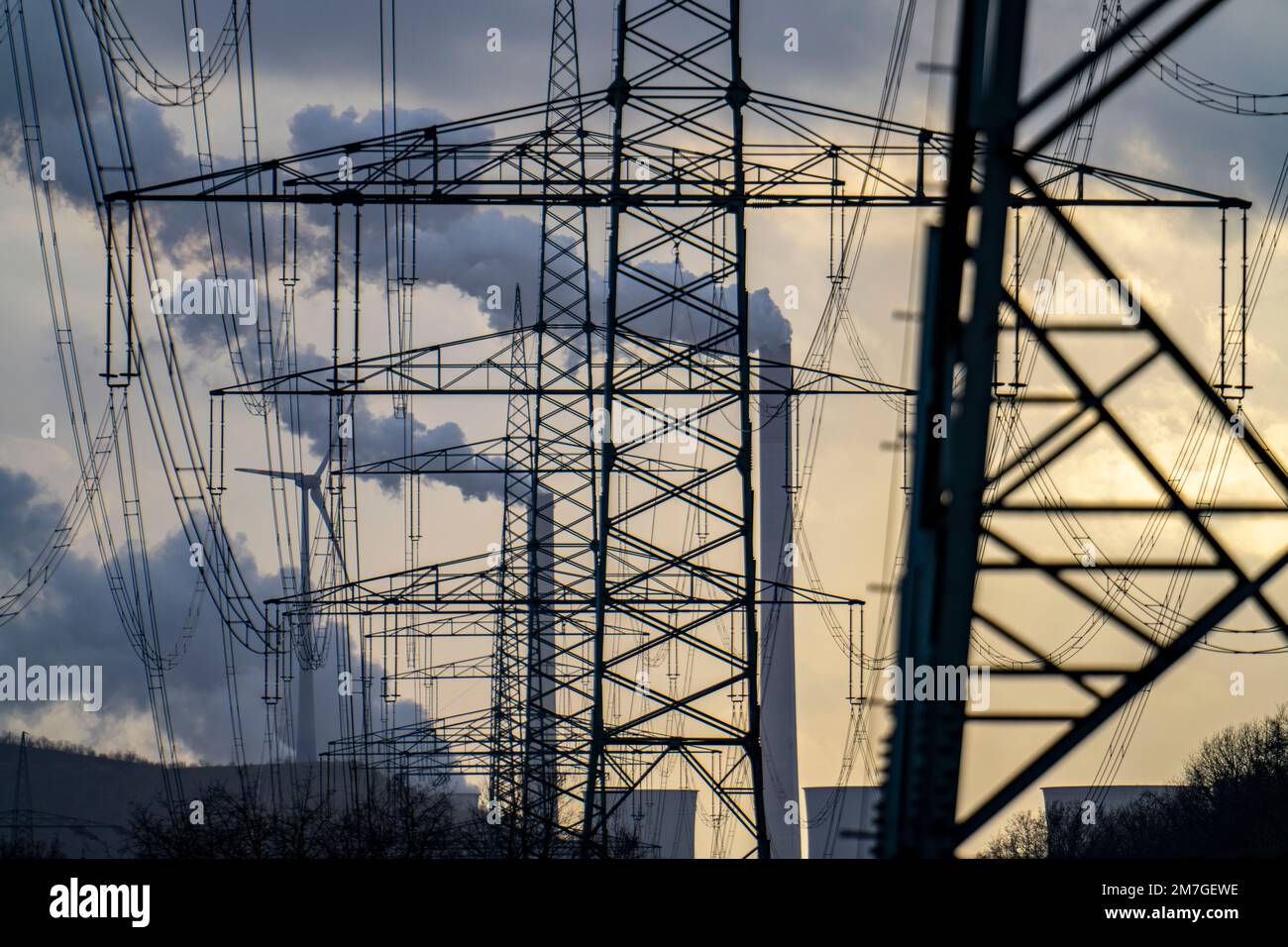 High-voltage power lines, overhead line pylons, UNIPER Scholven coal ...