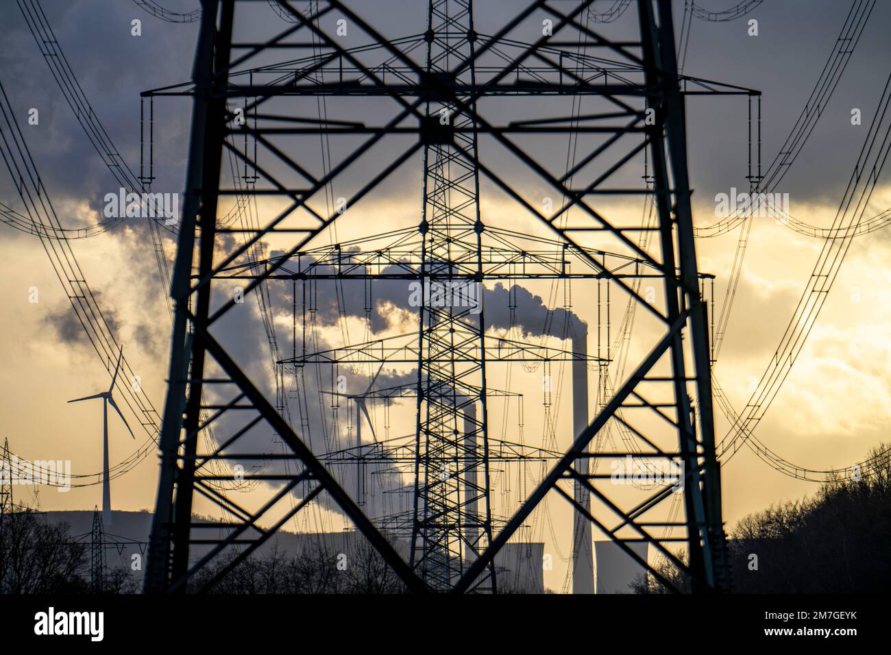 High-voltage power lines, overhead line pylons, UNIPER Scholven coal ...