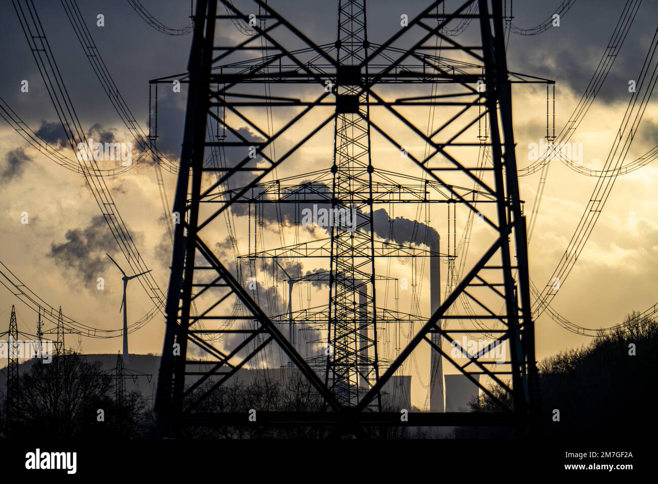 High-voltage power lines, overhead line pylons, UNIPER Scholven coal ...