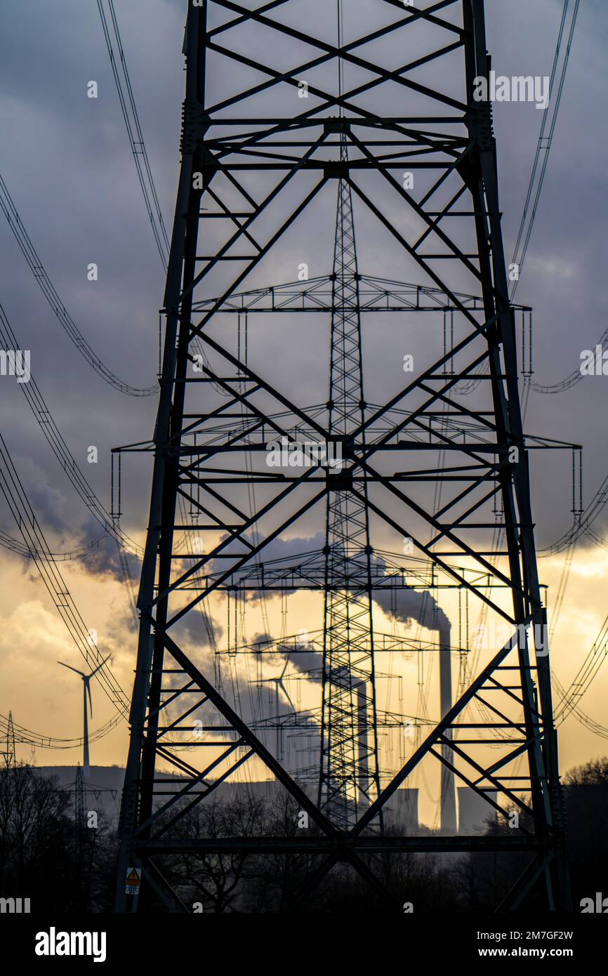 High-voltage power lines, overhead line pylons, UNIPER Scholven coal ...