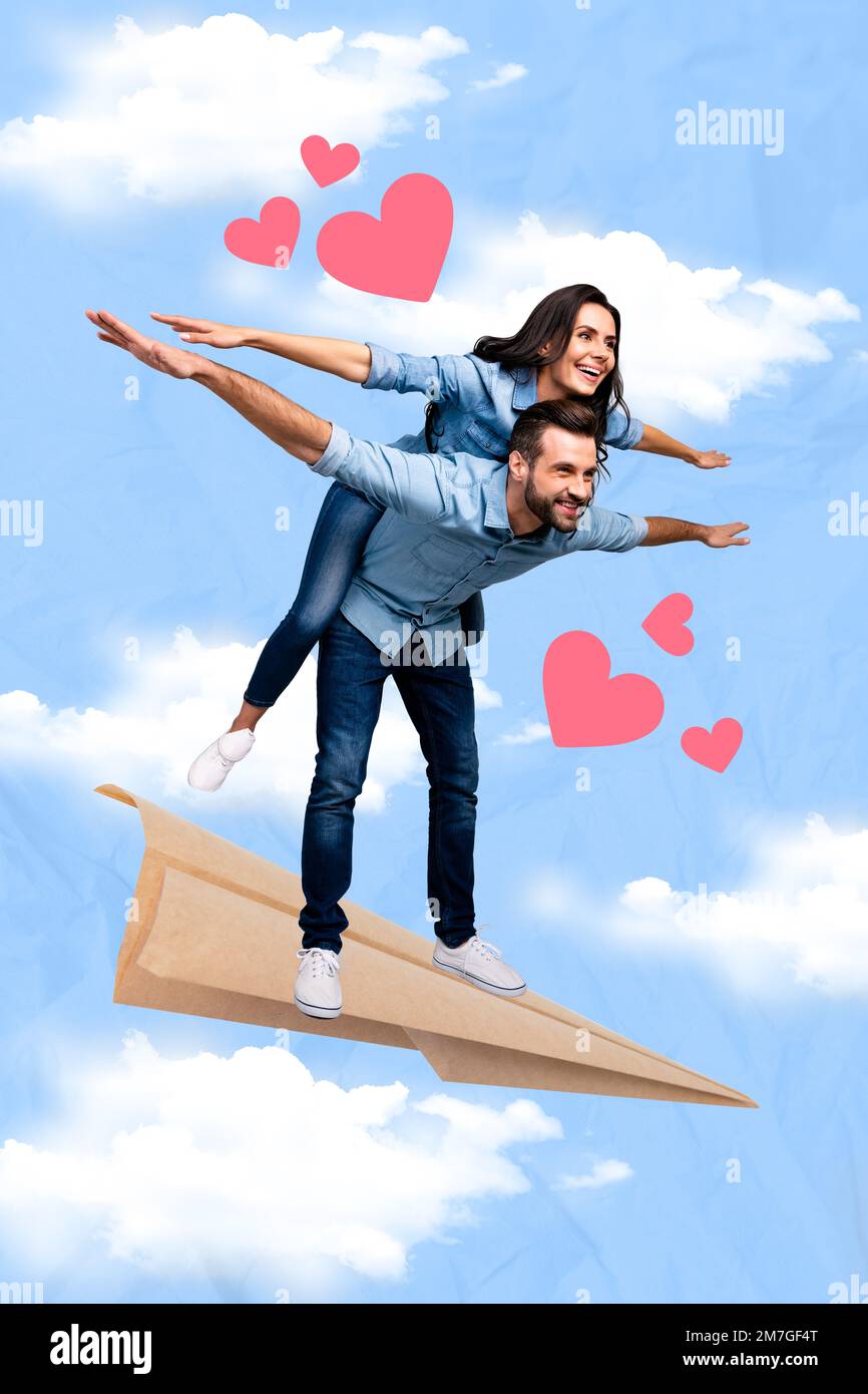 Vertical creative collage of two cheerful people piggyback stand paper ...