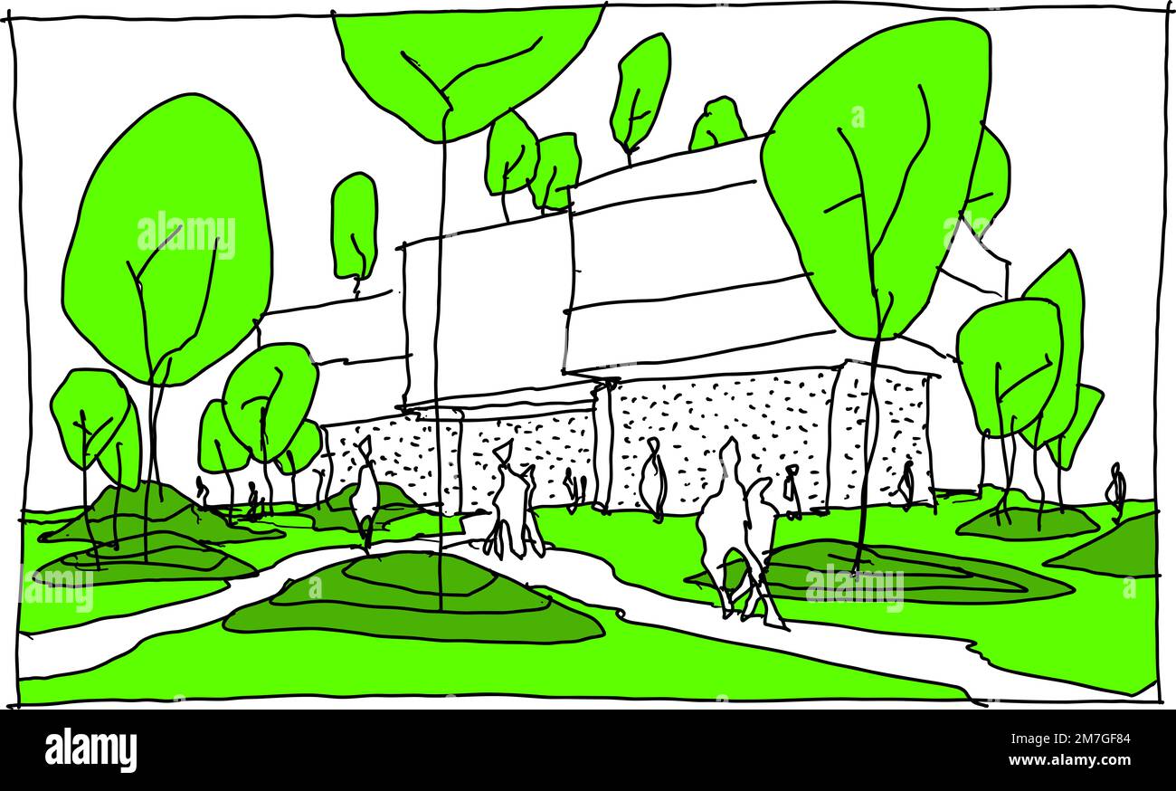 hand drawn architectural sketch of a modern building with lots of trees ...