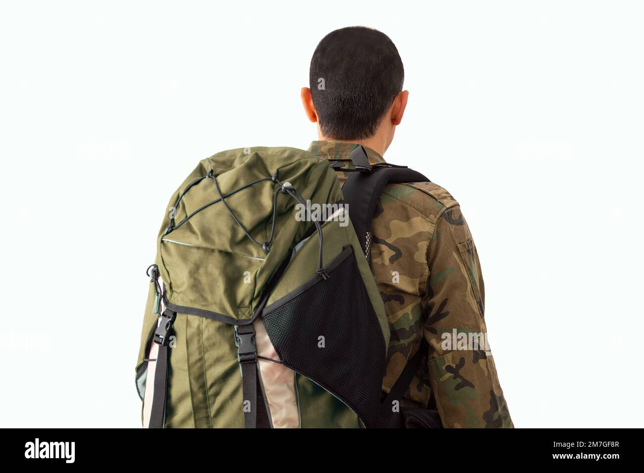 The back of the man with big blue backpack on the white background ...