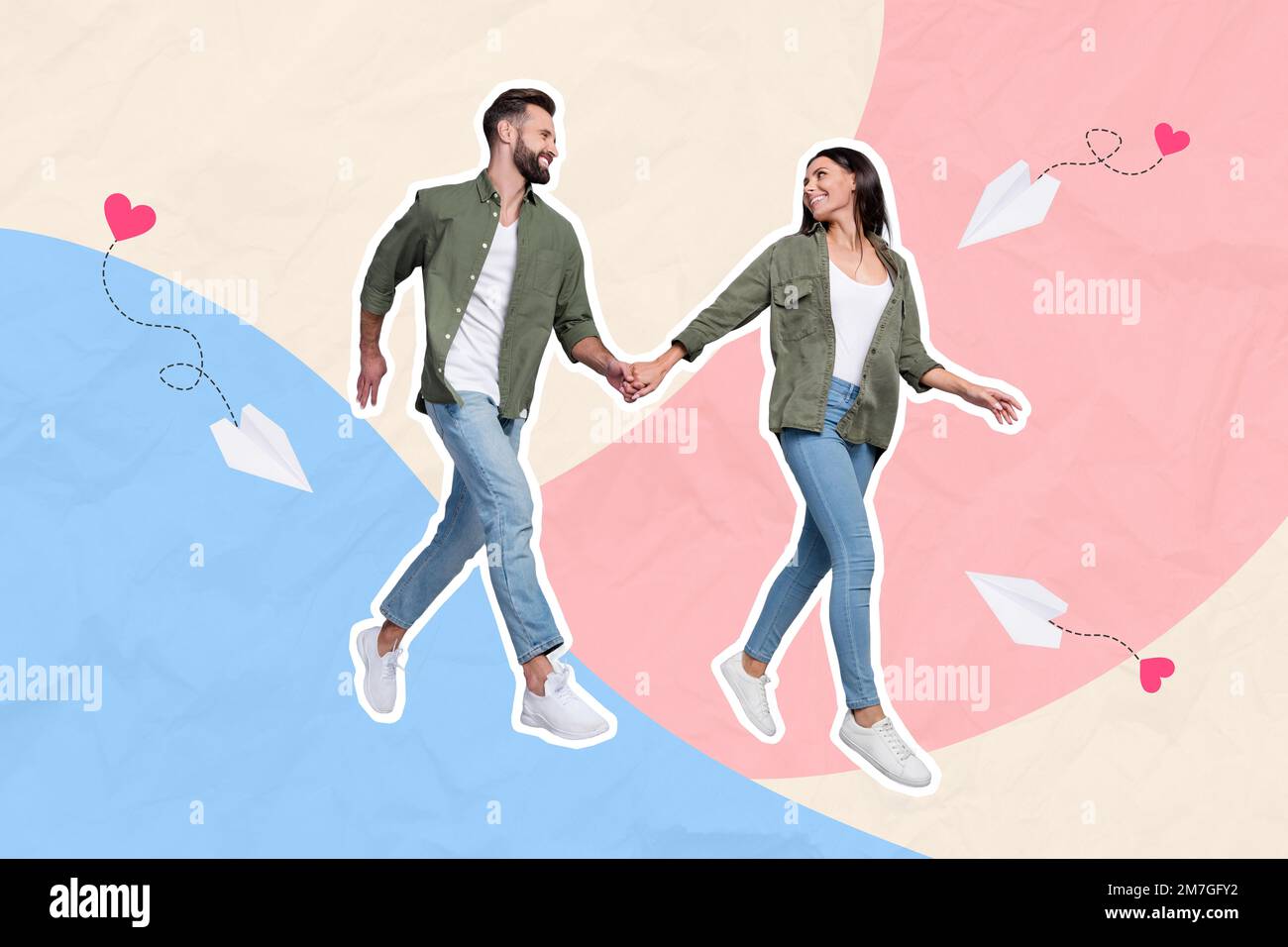 Creative collage picture of two idyllic lovers hold hands running ...