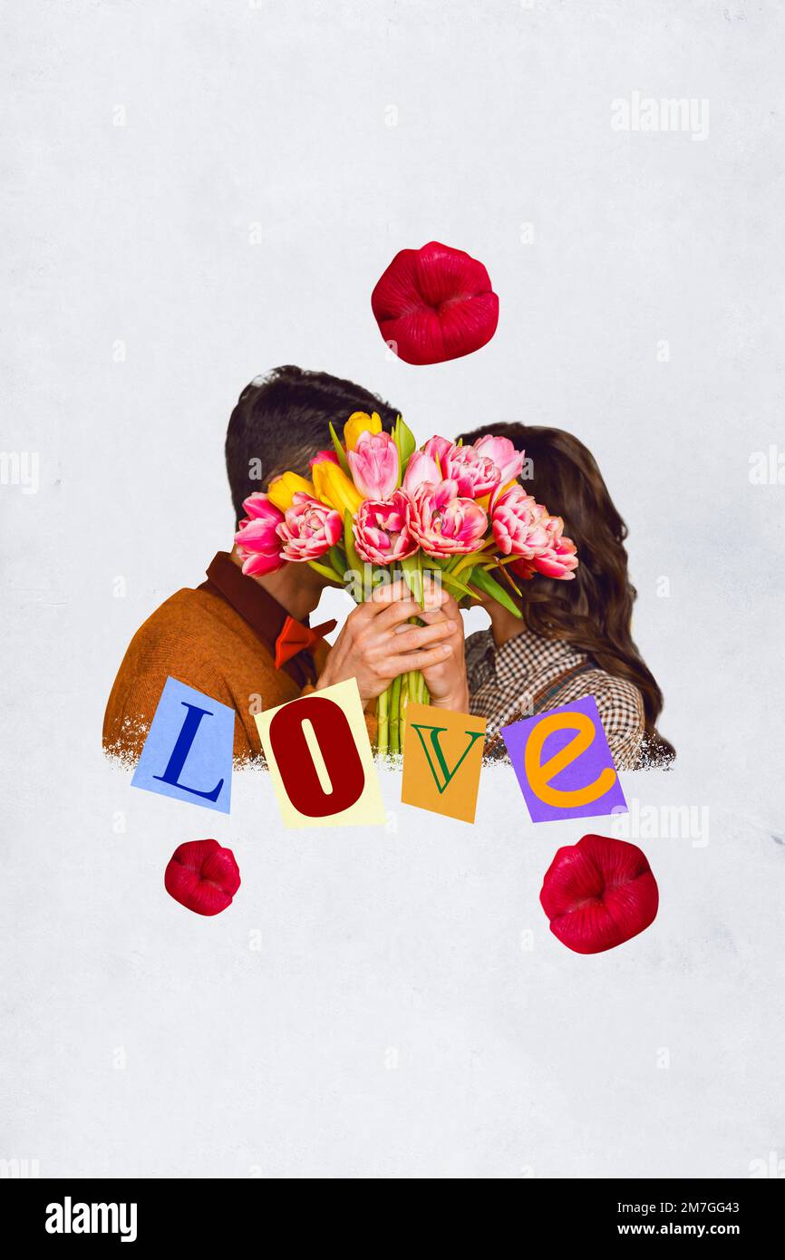 Vertical collage photo poster of lovely couple hide behind tulips fresh ...