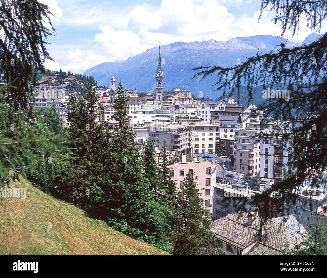 View of town and lake, St Moritz, Engadin, Graubünden, Switzerland ...