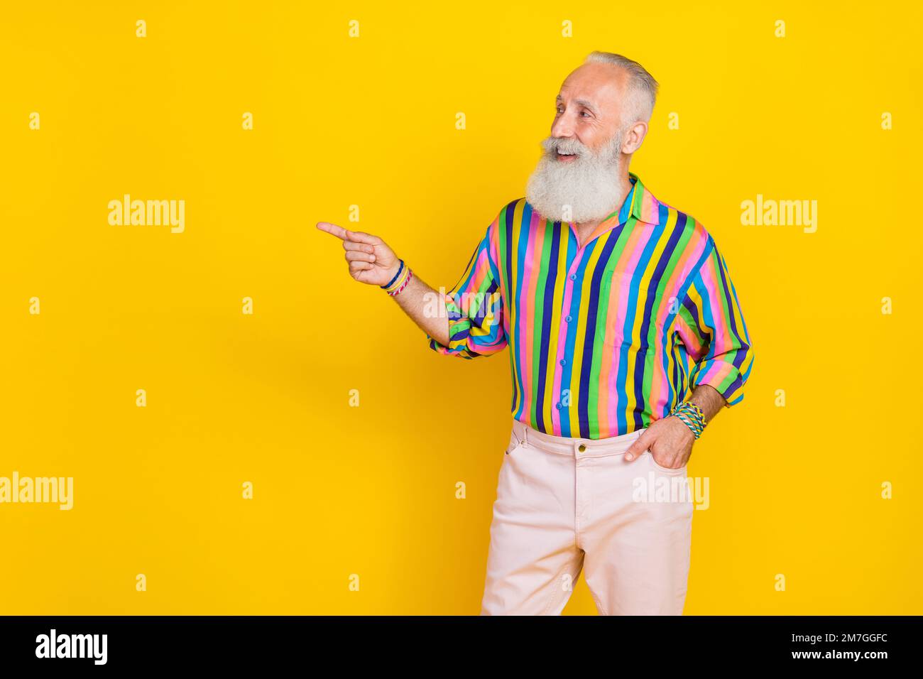 Portrait of cool funky granddad look direct finger empty space isolated ...