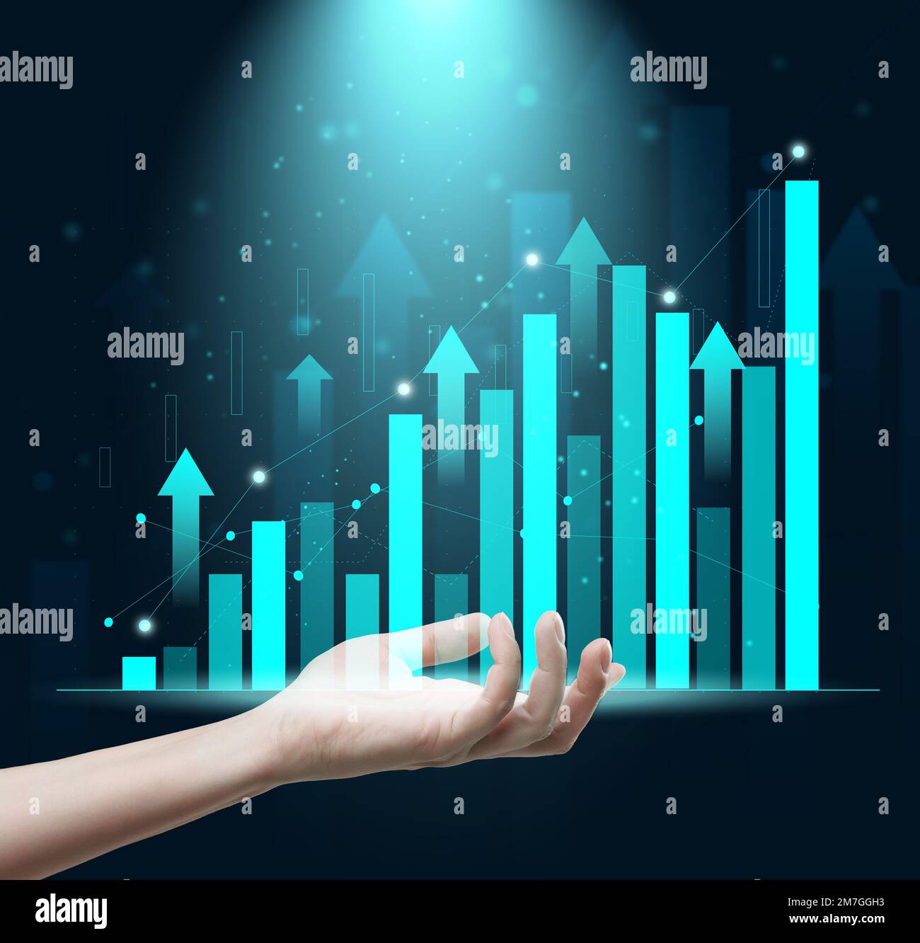 Holographic graph with growing indicators and a woman's hand. Business ...