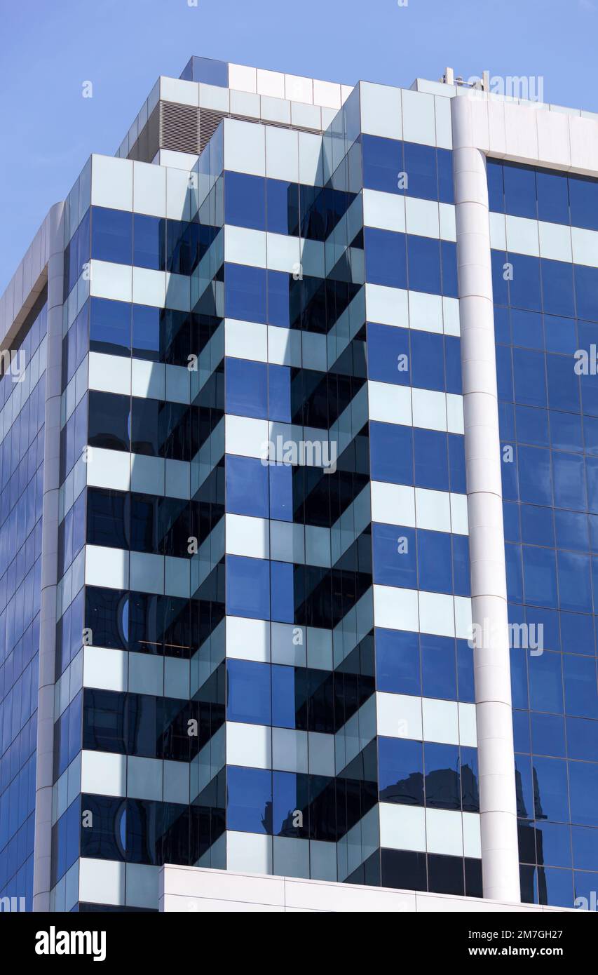 The abstract view of white blue color modern skyscraper in Sydney ...