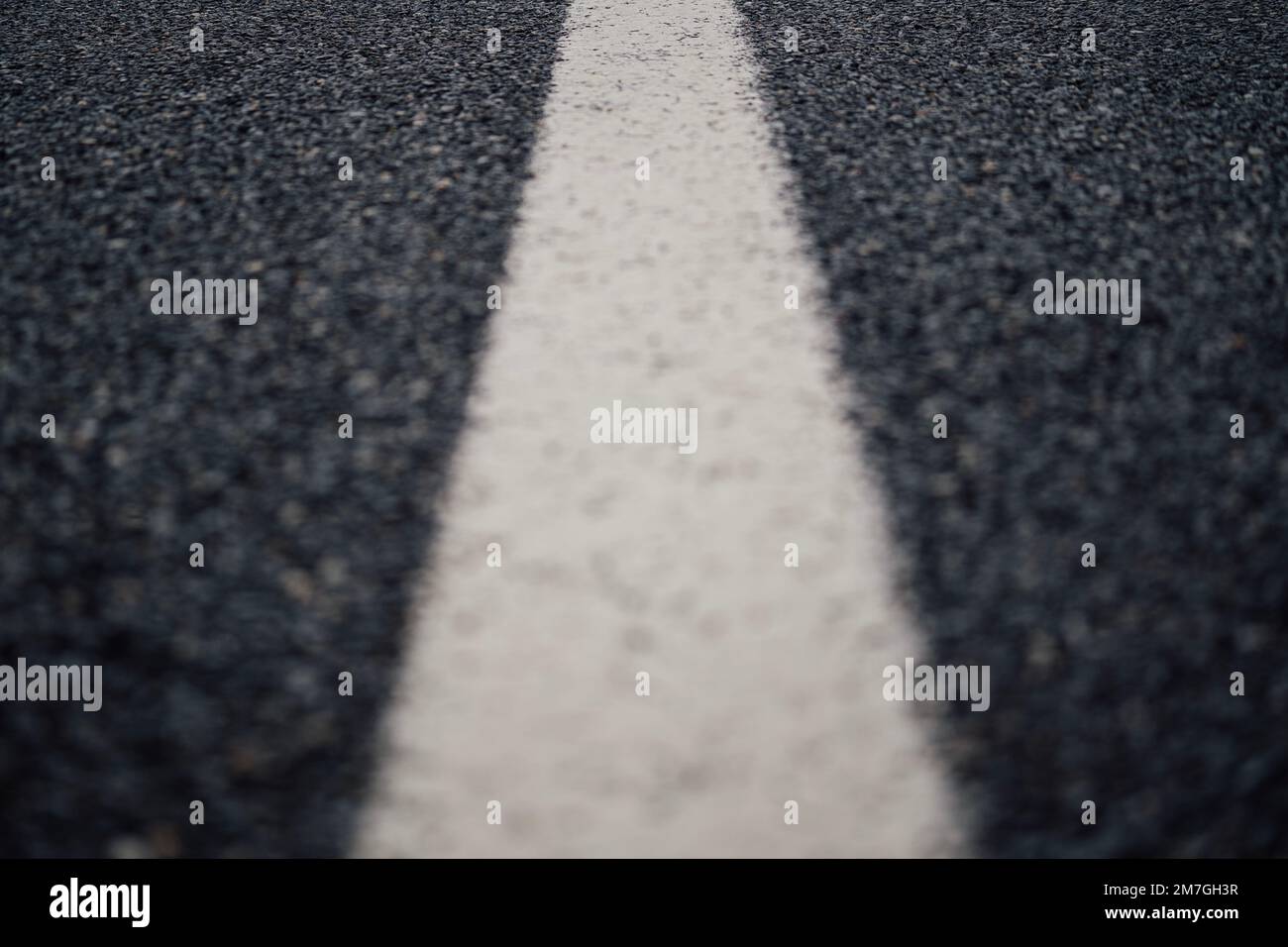 Low angle close-up of a white paint line on the center of a black ...