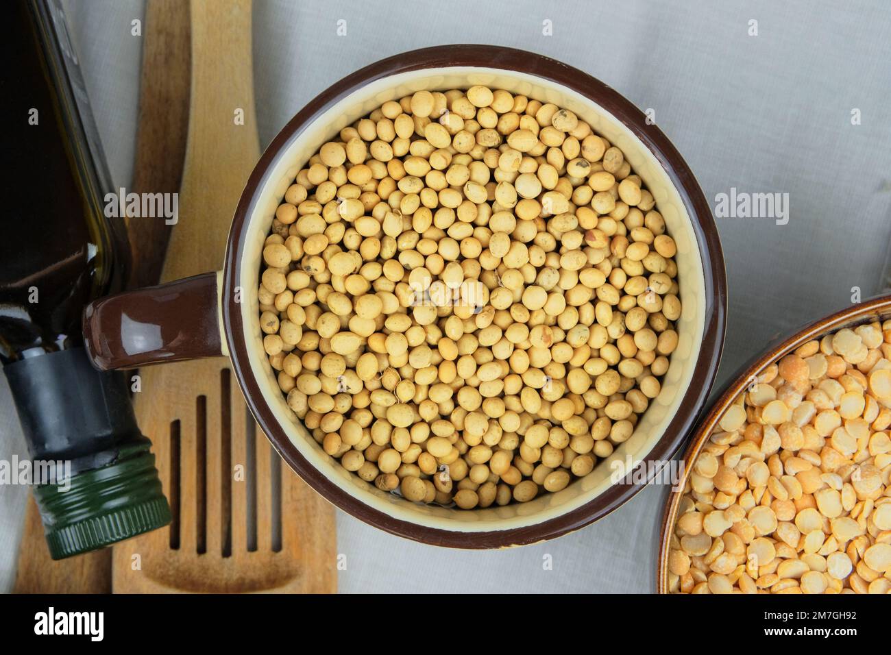 Soy in bowl. Protein pulse that is dried and then soaked and cooked ...