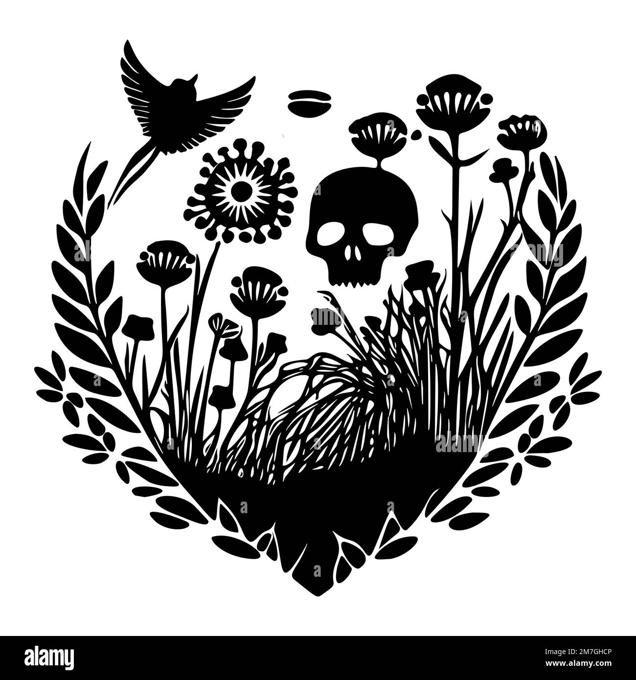 Valentines day skull love tattoo graphic. Vector floral skeleton Stock ...