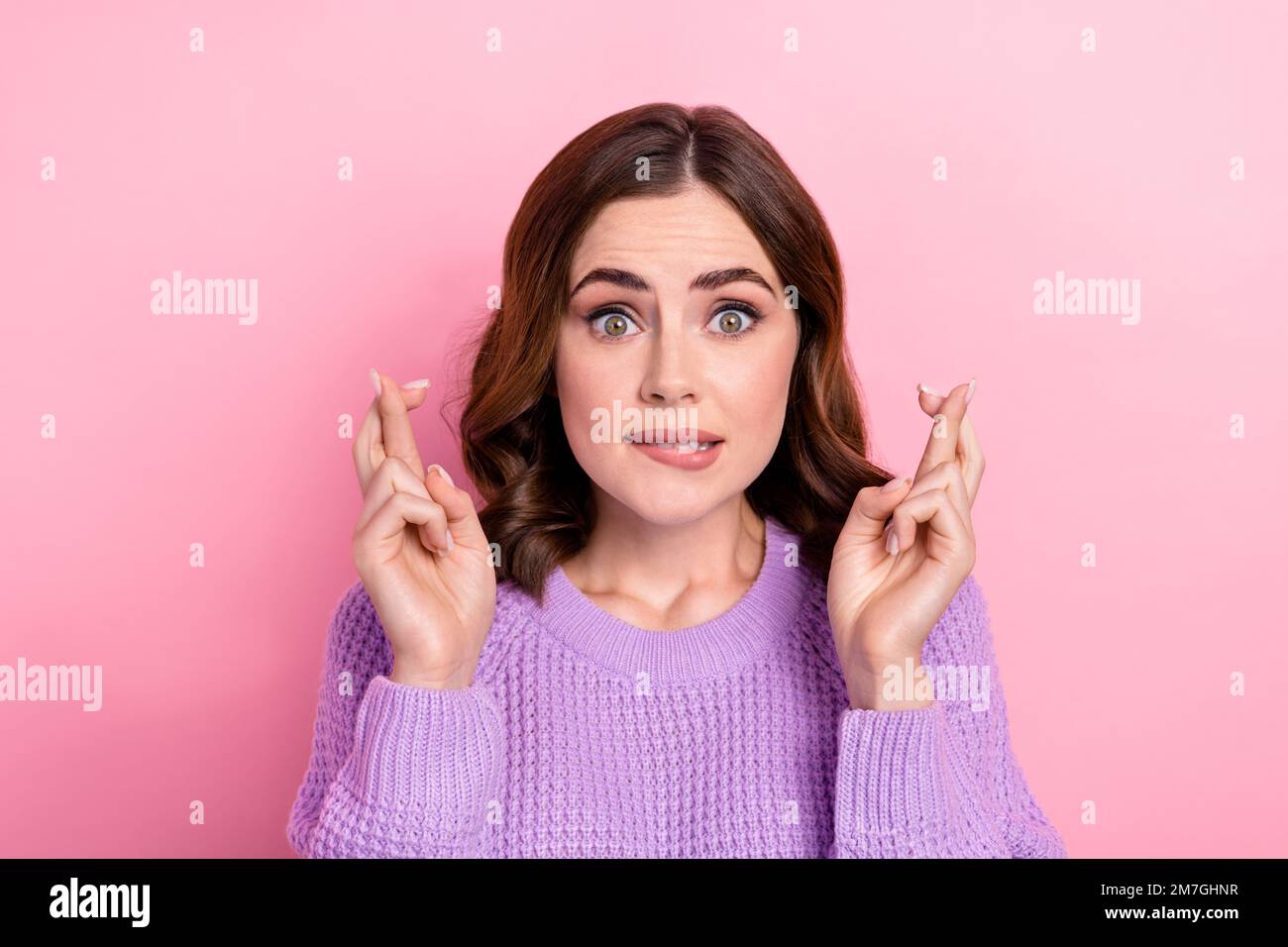 Photo of nervous worried woman with wavy hairstyle wear knit sweater ...
