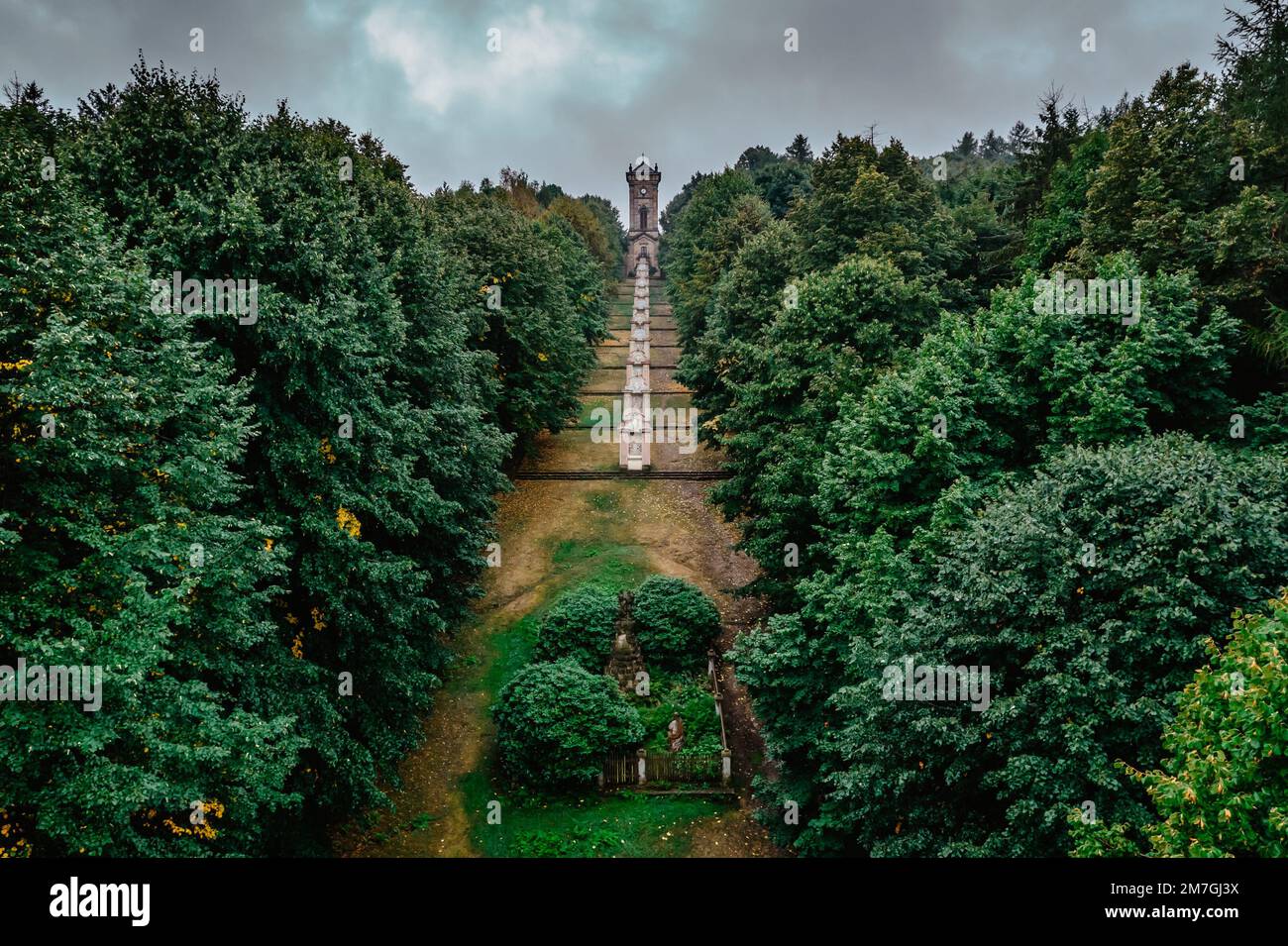 Aerial view of the Way of the Cross,calvary, with 11 chapels all with ...