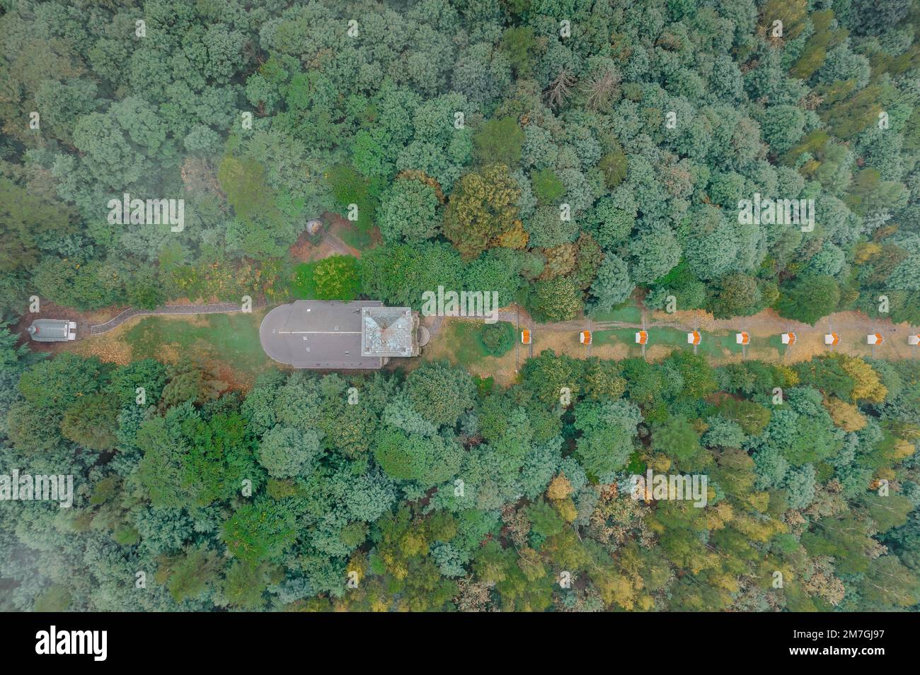 Aerial view of the Way of the Cross,calvary, with 11 chapels all with ...