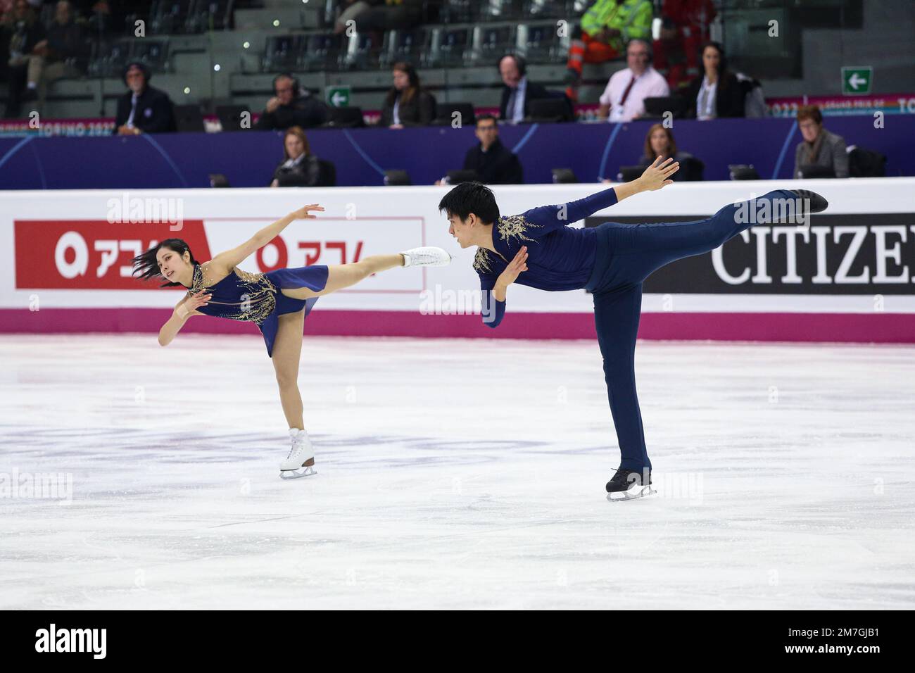 Riku Miura and Ryuichi Kihara (JPN) perform during the PAIRS SHORT PROGRAM of the ISU Grand Prix ...