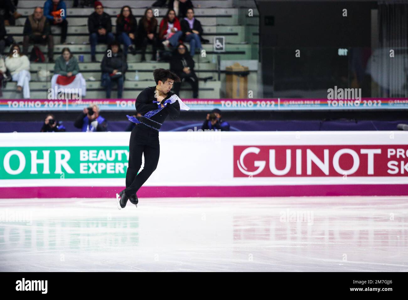 Shun Sato(JPN) performs during the MEN SHORT PROGRAM of the ISU Grand ...