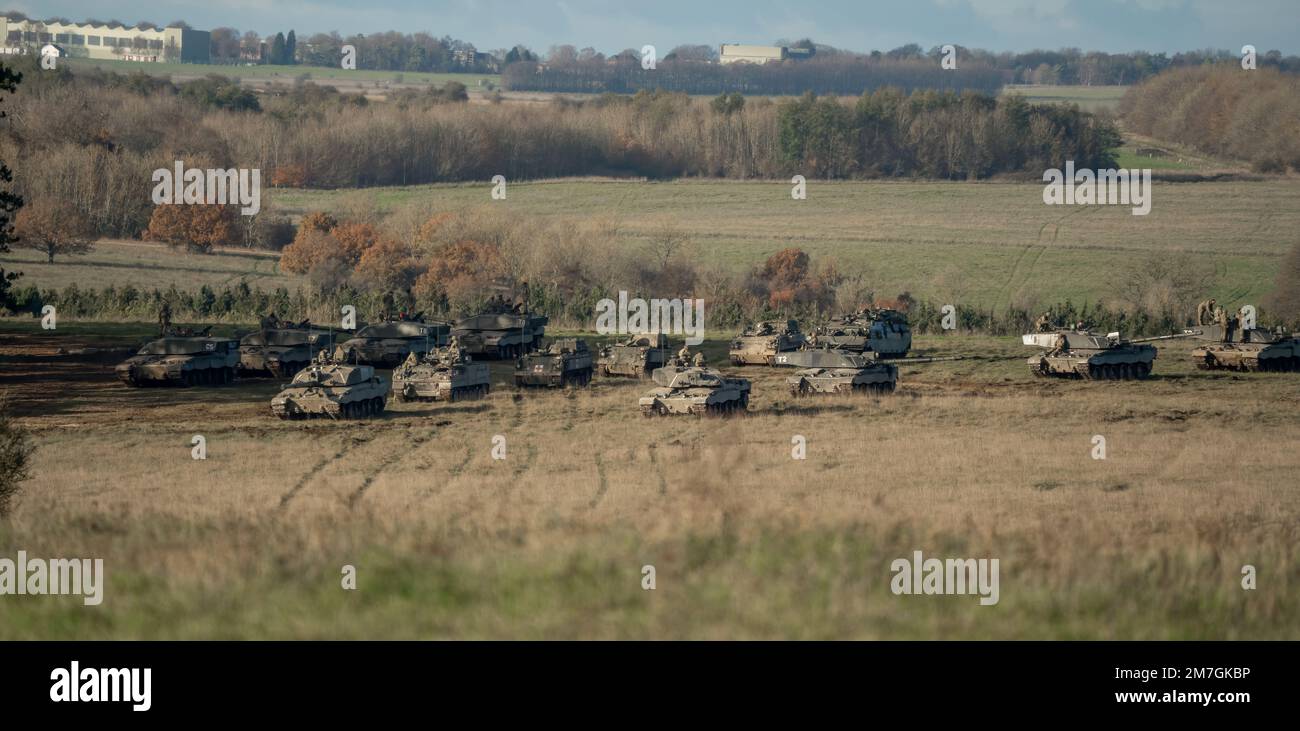 a squadron of battle tanks on a military combat exercise, Wiltshire UK ...