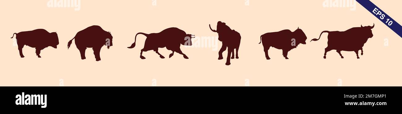 Bull set. Stylized silhouettes of standing in different poses and ...