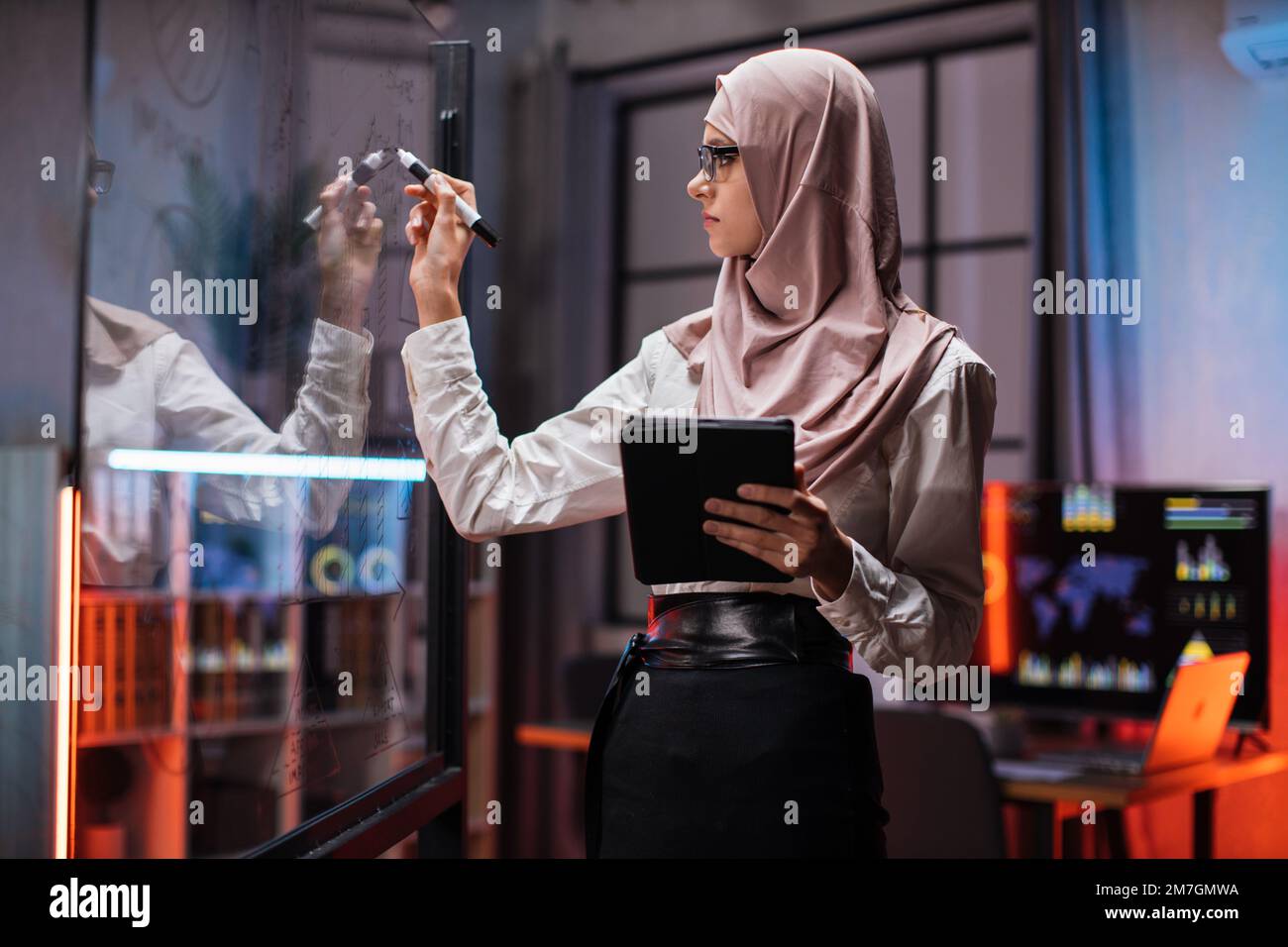 Skilled professional muslim female scrum master managing project tasks ...