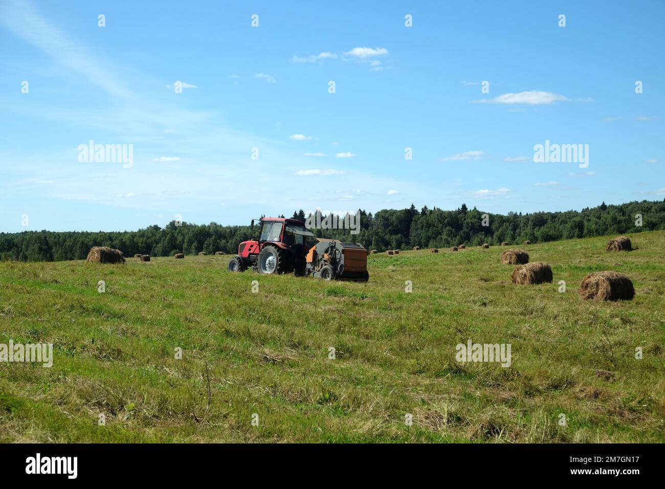 Countryside landscape with tractor working in the long field with many ...