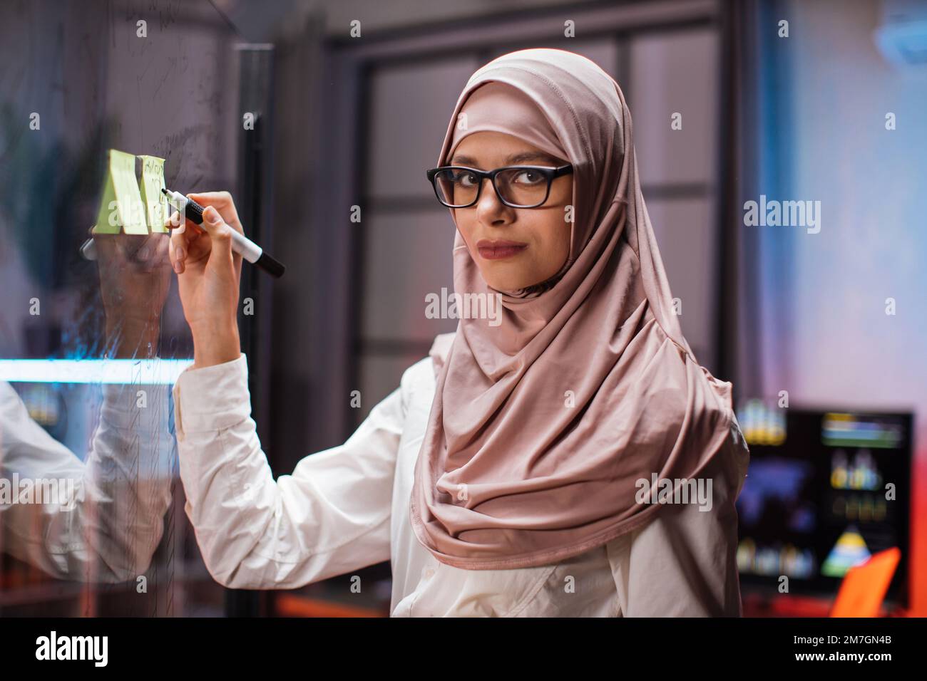 Startup plan, people and technologies concept. Focused muslim female ...