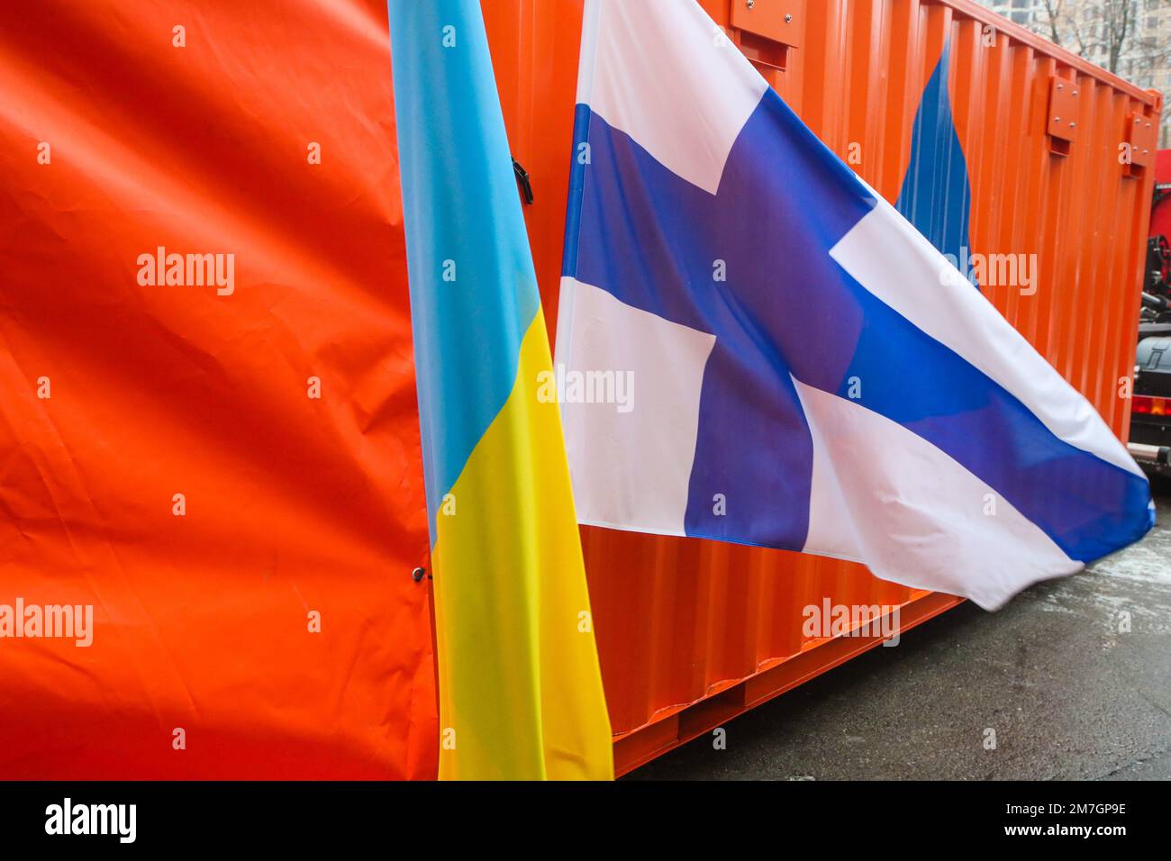 KYIV, UKRAINE - JANUARY 9, 2023 - The flags of Ukraine and Finland are ...