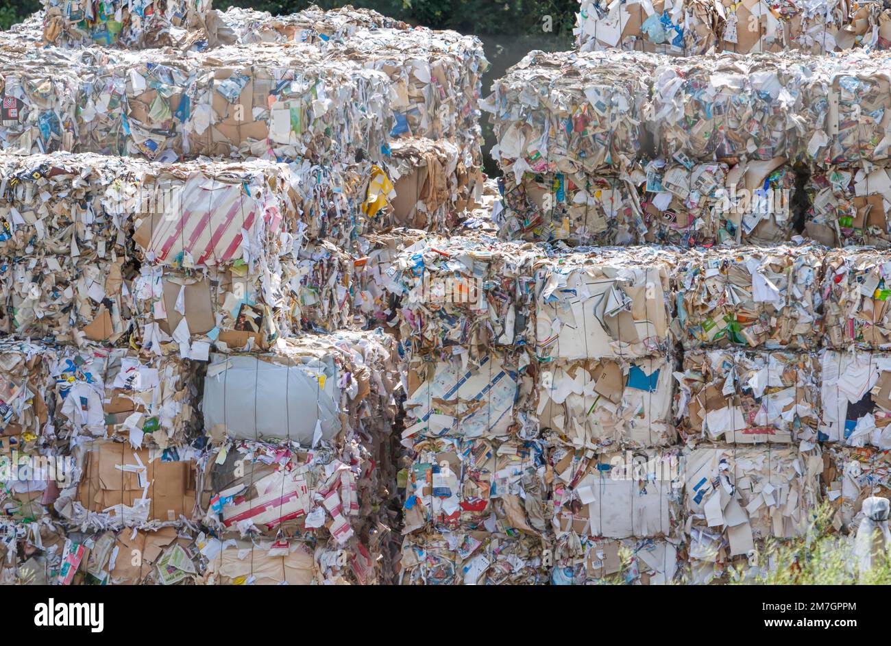 Waste paper, waste paper recycling, stacked in bundles, Rhineland ...