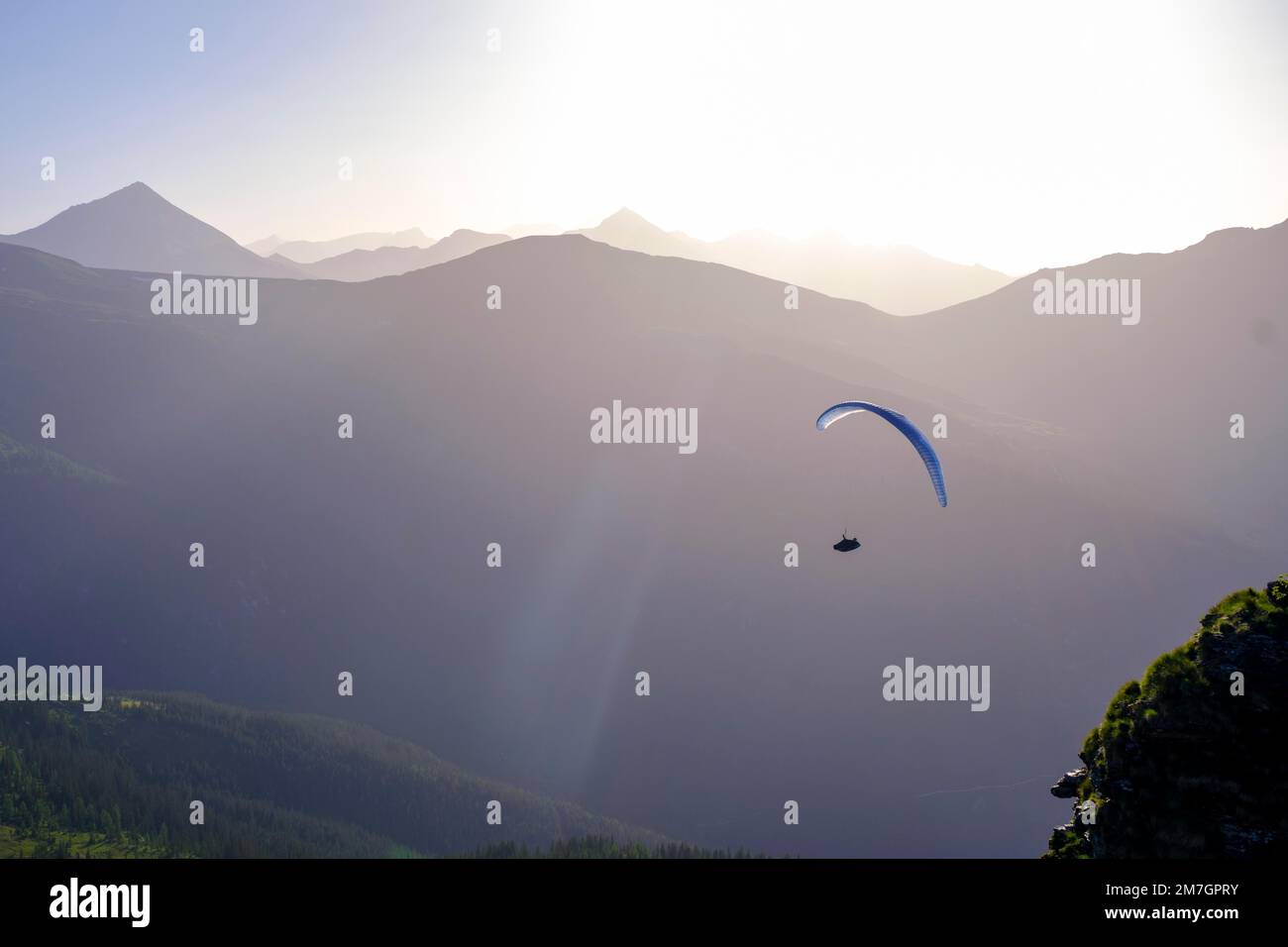 Paraglider at sunset, at Stubner Kogel, Bad Gastein, Gasteiner Tal ...
